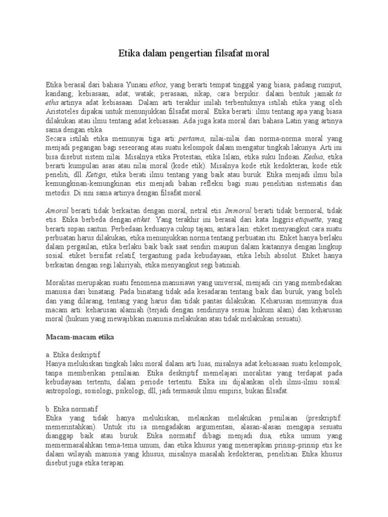 Etika dalam Filsafat Moral: Definisi dan Macam | PDF | Filsafat