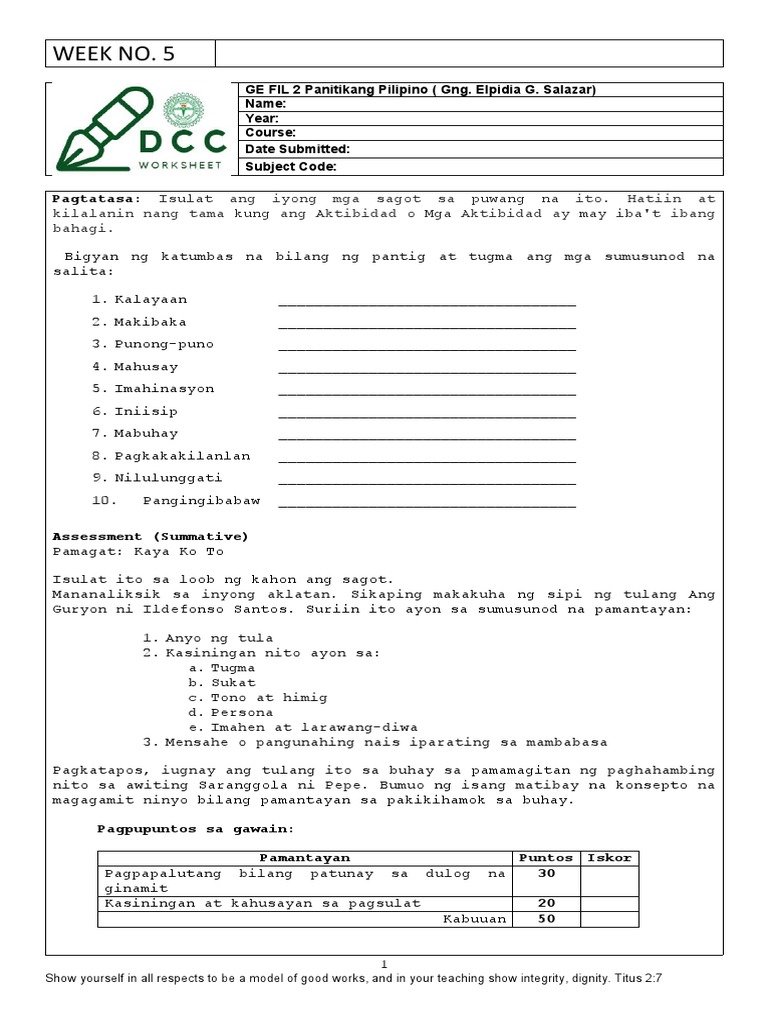 Worksheet Week 5 Pdf