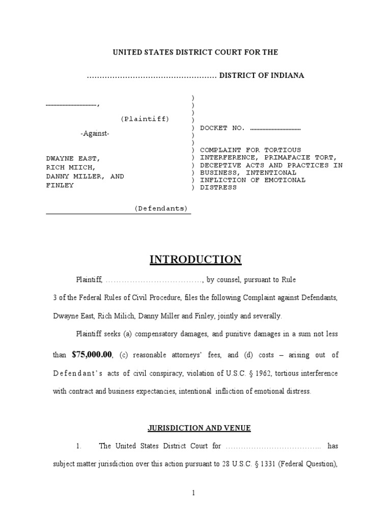 Indiana Complaint For Extortion | PDF | Damages | Tort