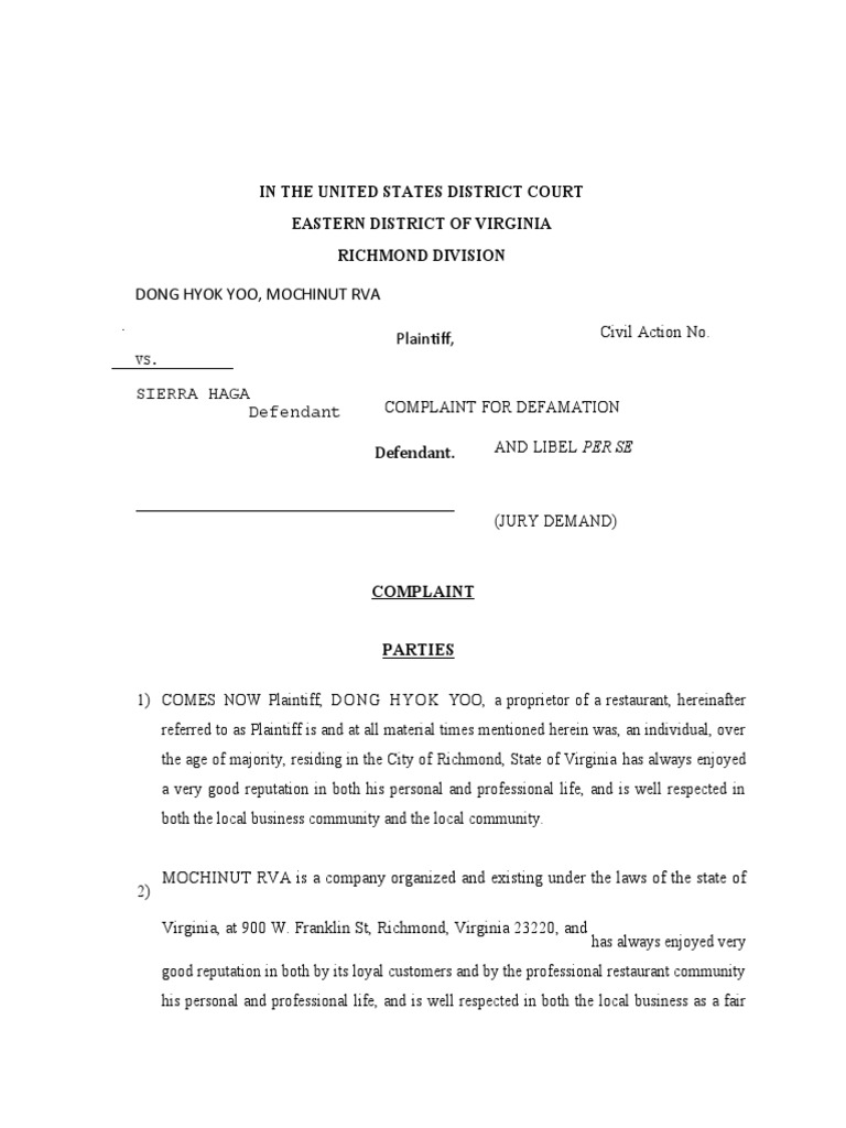 Libel Defamation Comlaint | PDF | Defamation | Damages