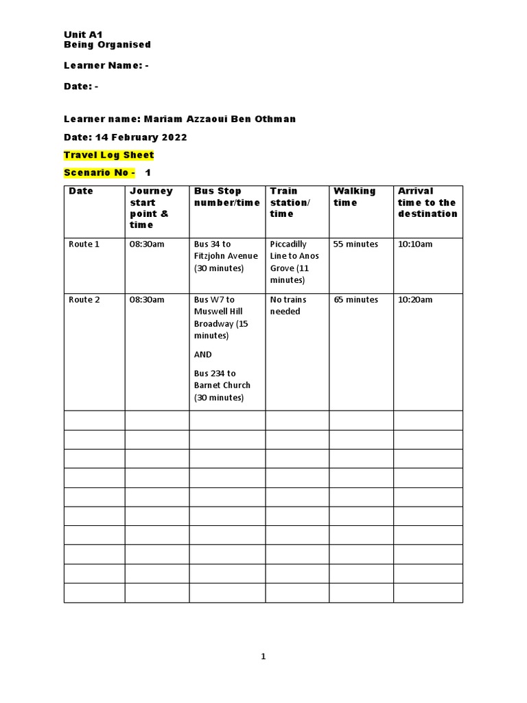 Travel Log Sheet - Unit A1 Being Organised | PDF | Land Transport ...