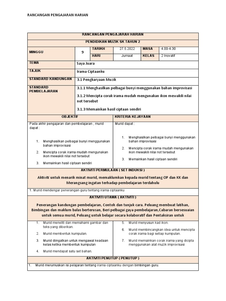 RPH Minggu 10 Muzik THN 2 by Cikgu Gorgeous | PDF