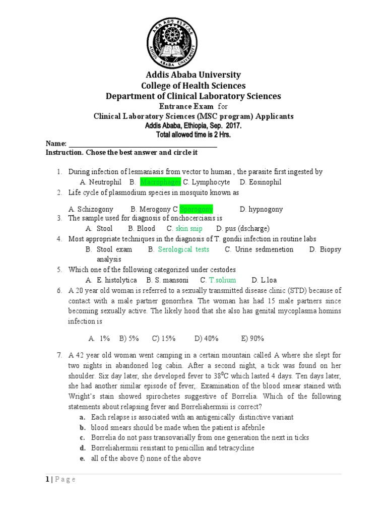 Addis Ababa MSC Entrance Exam | PDF | Red Blood Cell | Blood Plasma