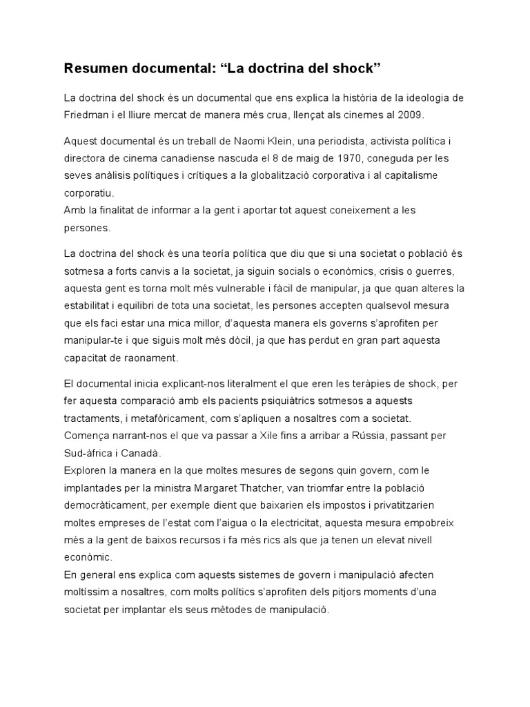 Resumen Documental - "La Doctrina Del Shock" | PDF