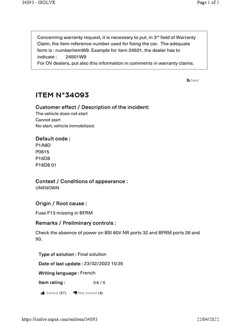 ITEM N°34093: Customer Effect / Description of The Incident | PDF