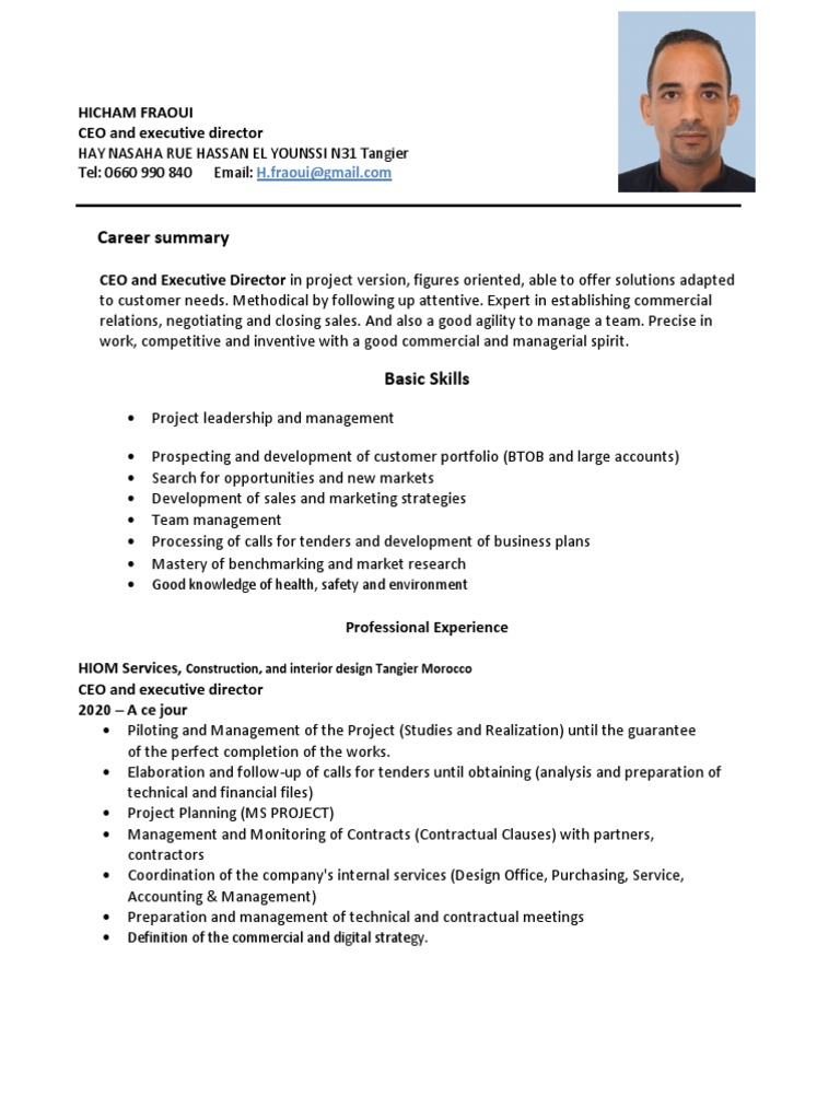 CEO and Executive Director - CV HICHAM FRAOUI | PDF | Marketing | Sales