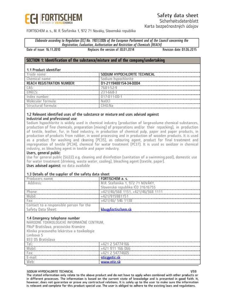 NaOCl - MSDS Slovenija | PDF