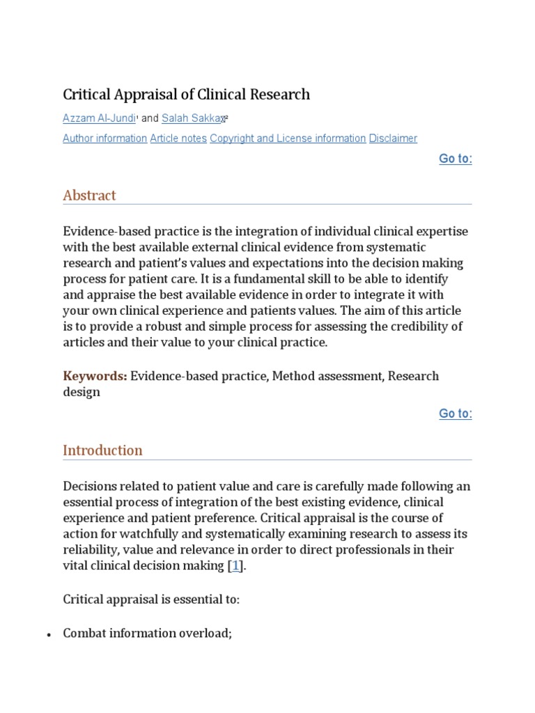 Critical Appraisal of Clinical Research | PDF