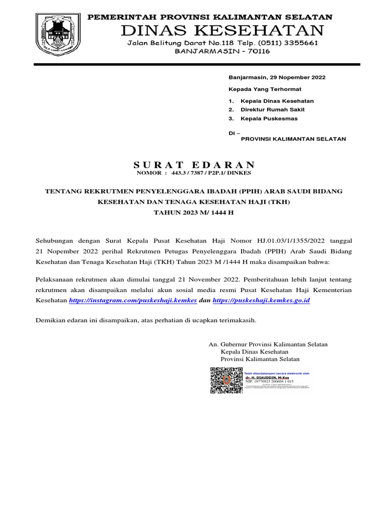 Surat Edaran Rekrutmen TKHI 2023 - Signed | PDF