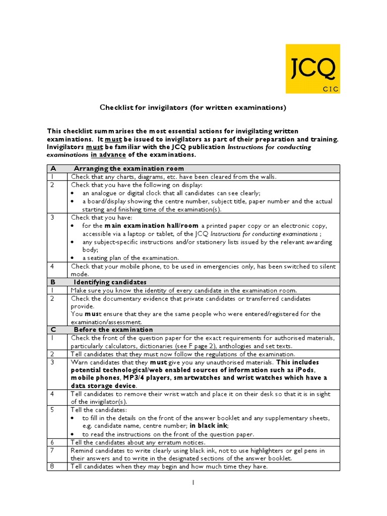 JCQ Invigilator Checklist | PDF | Computing