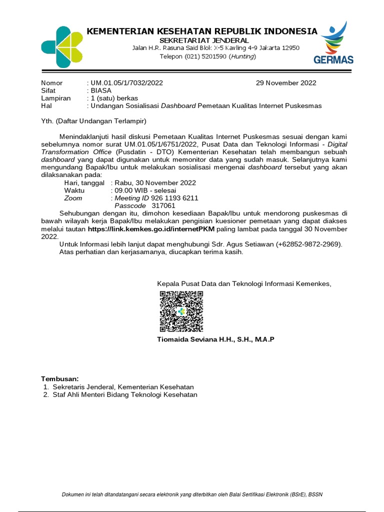 Surat Undangan Sosialisasi Dashboard Pemetaan Kualitas Internet Puskesmas | PDF