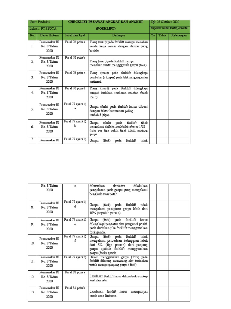 Checklist Pesawat Angkat Dan Angkut (Forklift) : Menahan Rantai ...