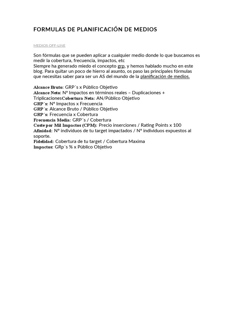 Formulas de Planificación de Medios | PDF