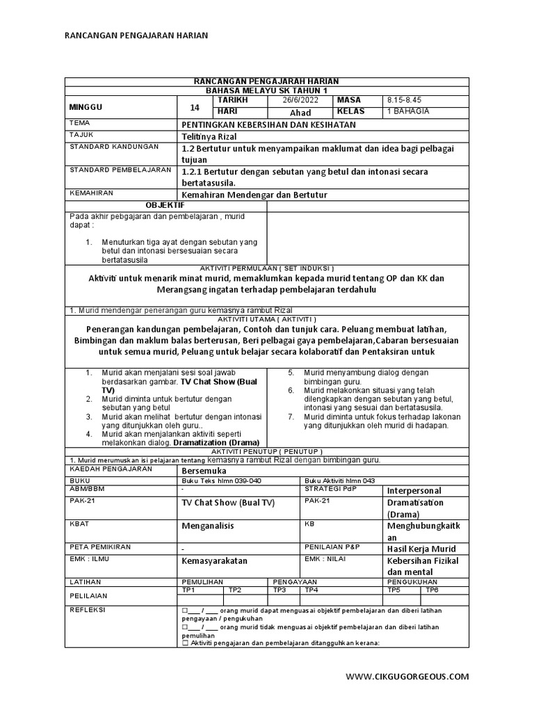 RPH Minggu 14 BM THN 1 by Cikgu Gorgeous | PDF