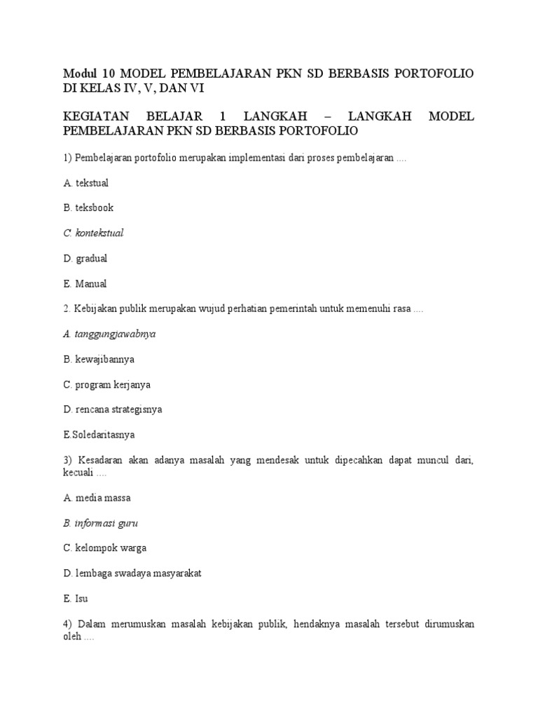SOAL Modul 10 MODEL PEMBELAJARAN PKN SD BERBASIS PORTOFOLIO DI KELAS IV ...