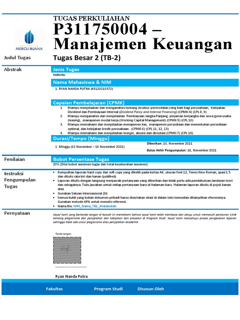 Ryan Nanda Putra - TB 2 - Manajemen Keuangan | PDF | Bisnis | Pengelolaan Keuangan & Uang