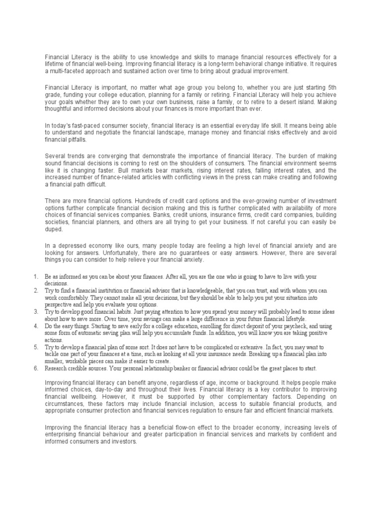 Benefits of Financial Literacy Education | PDF | Financial Literacy ...