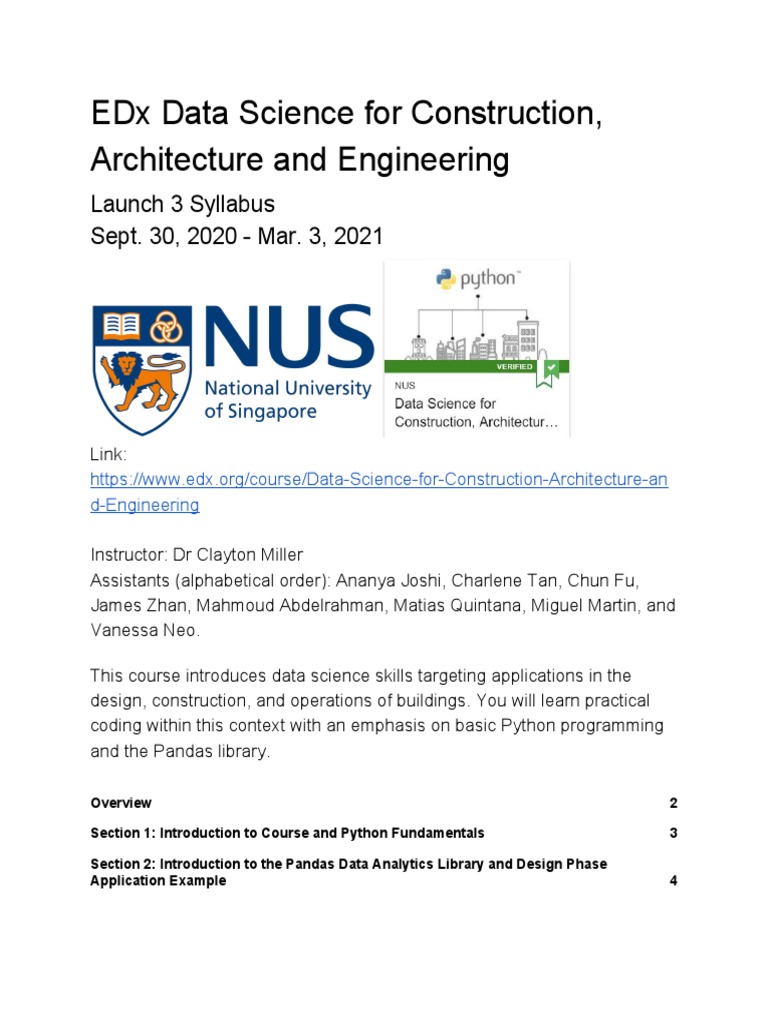 EDx Data Science For Construction, Architecture and Engineering Launch 3 Syllabus | PDF ...