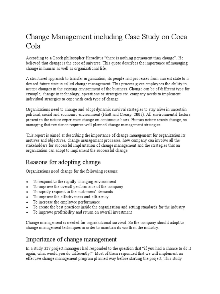 Coca Cola Case Study Pdf Change Management Coca Cola