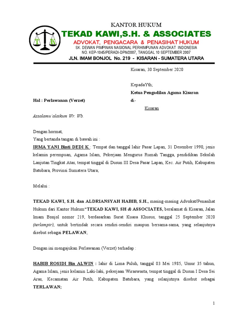 Contoh Surat Perlawanan Verzet Cerai | PDF