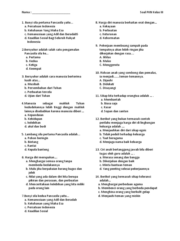 Soal PKN Kelas 3 | PDF