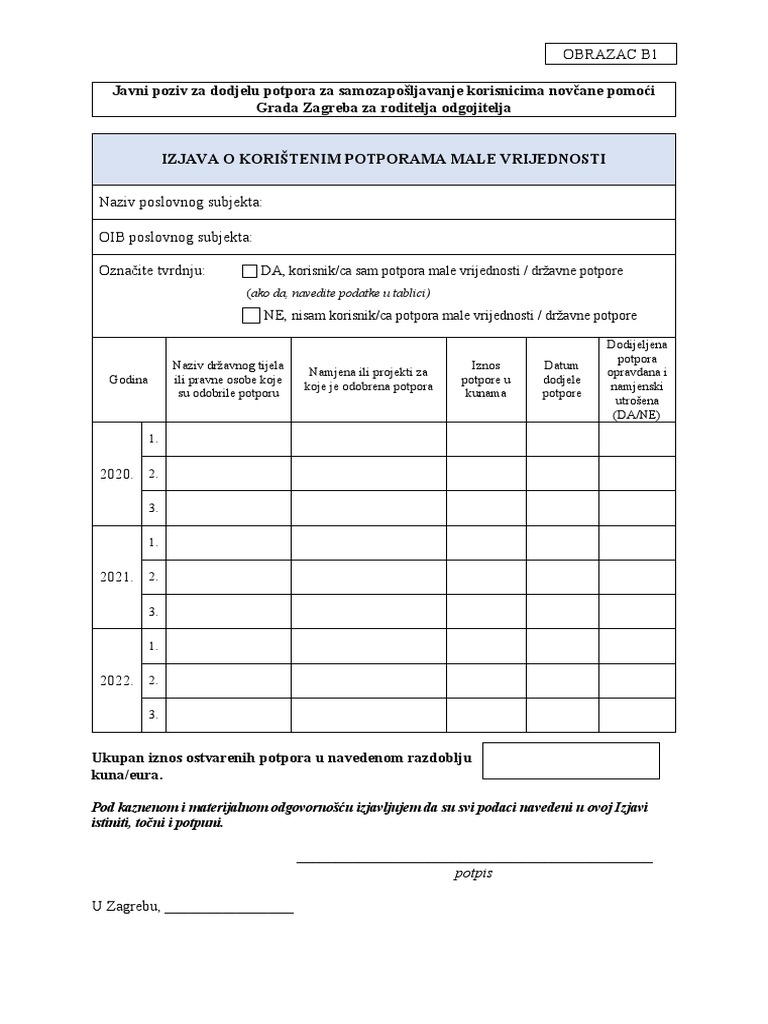 Izjava o Korištenim Potporama Male Vrijednosti | PDF