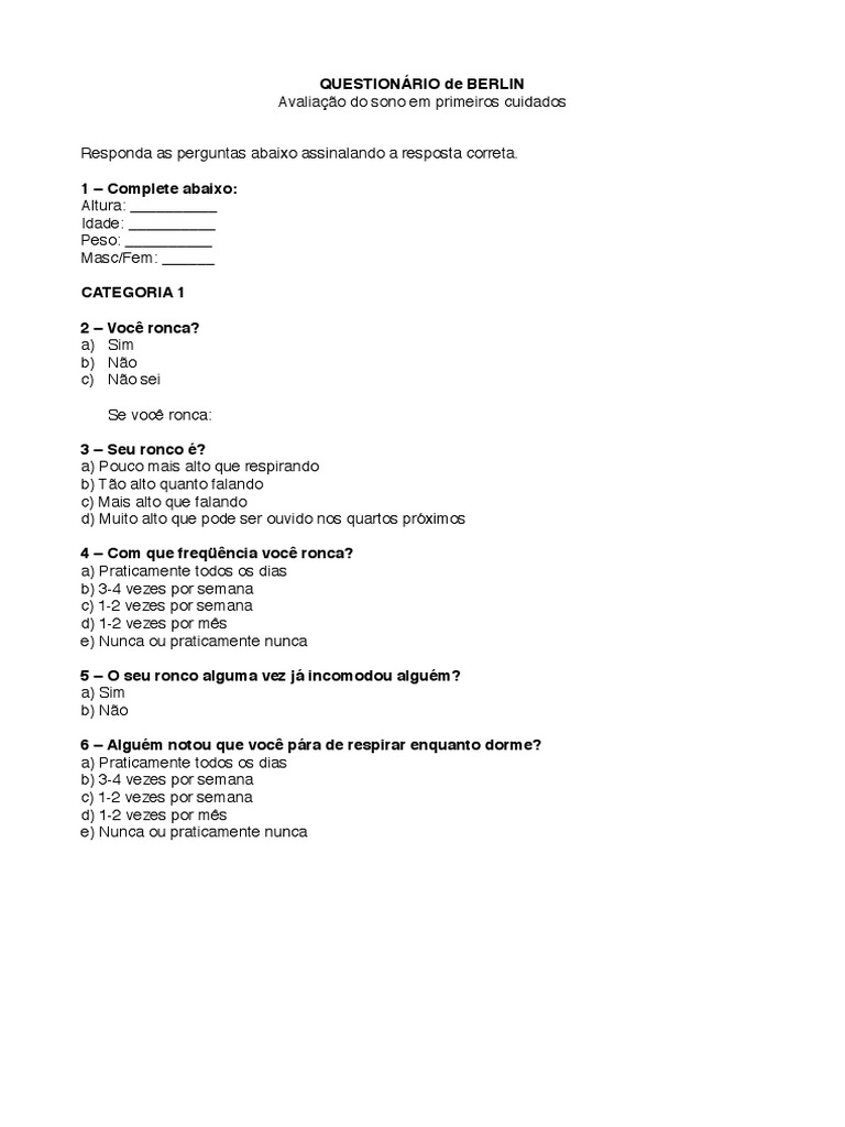 Teste Questionario Clinico de Berlin | PDF | Índice de massa corporal ...