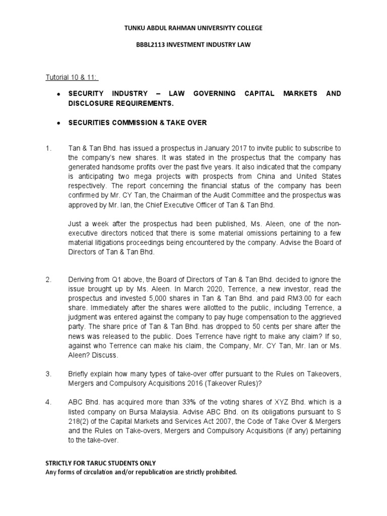 Tutorial 10 & 11 | PDF | Takeover | Prospectus (Finance)