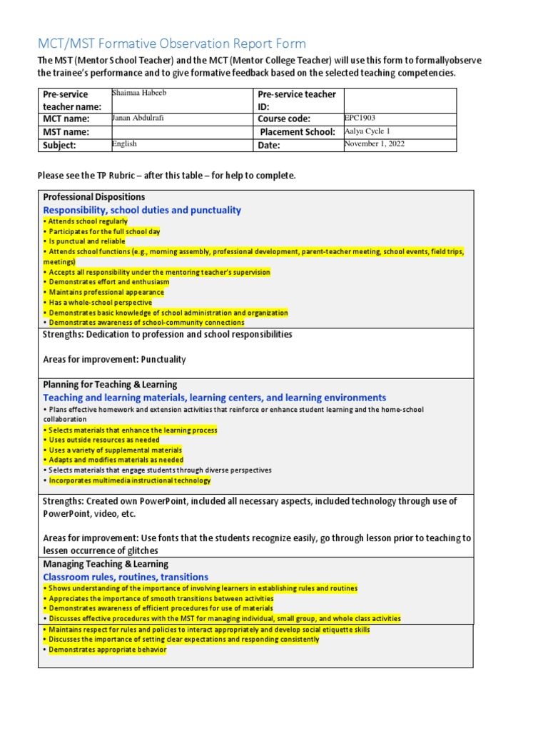 MST Formative Observation Report 1 Shaimaa Habeeb Mohsin Salem Al ...