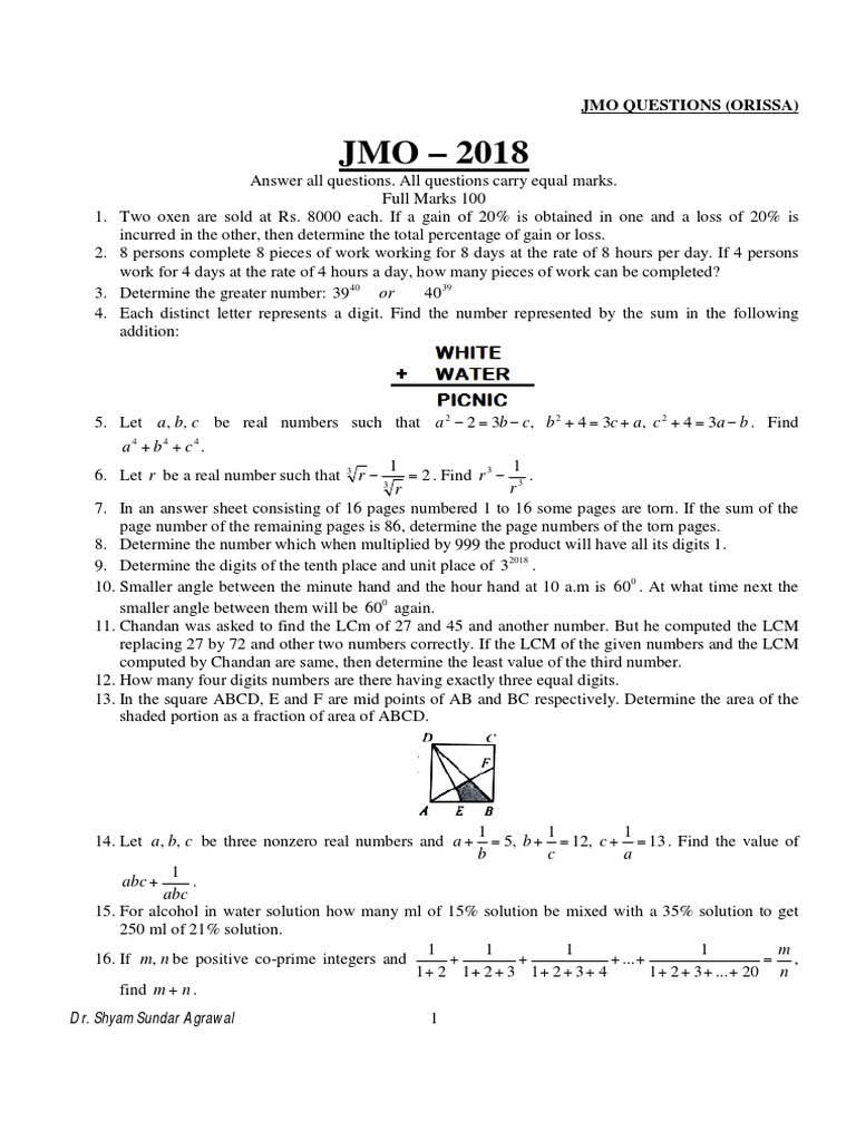 JMO 2018 Question Paper Analysis | PDF | Circle | Perpendicular
