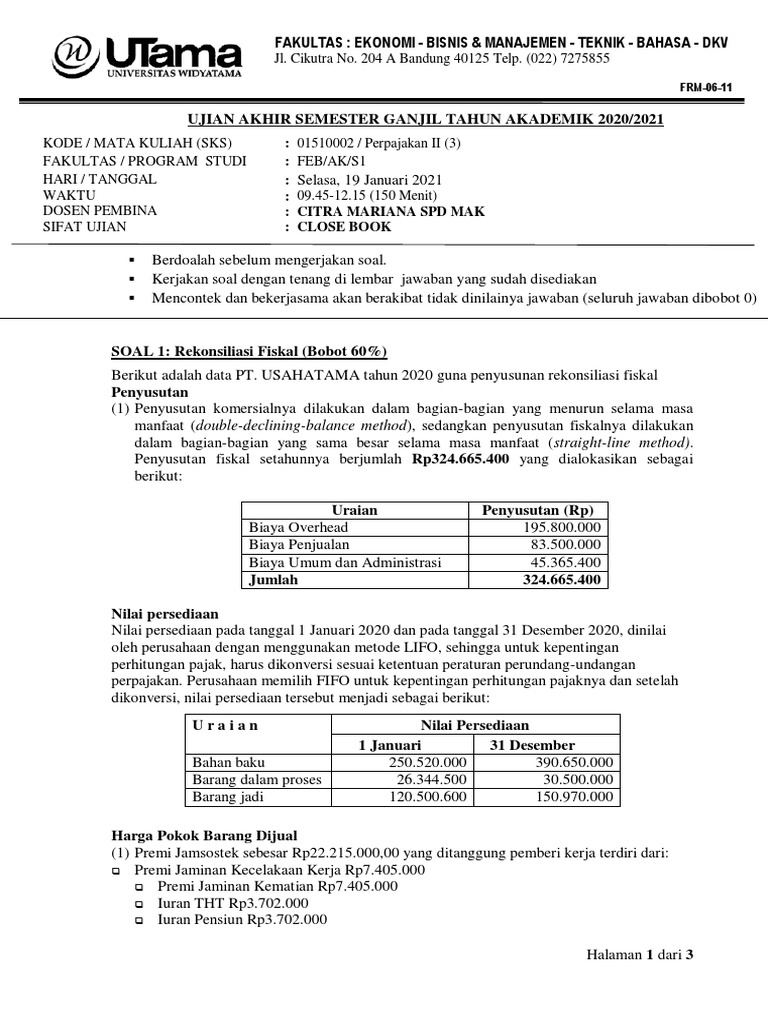 01 20211 Uas 01510002 Perpajakan II 3 Citra Mariana SPD Mak Reguler A Kelas G 4 | PDF