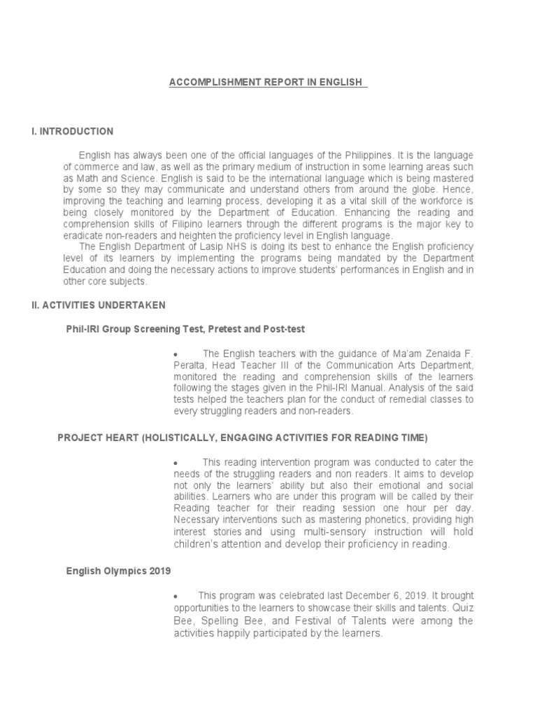 Accomplishment Report in English | PDF | Reading Comprehension ...
