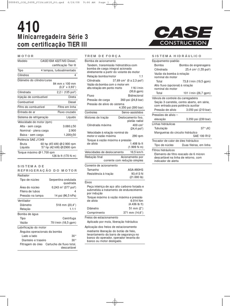 Especificação Mini Carregadeira Skid Case 410 | PDF