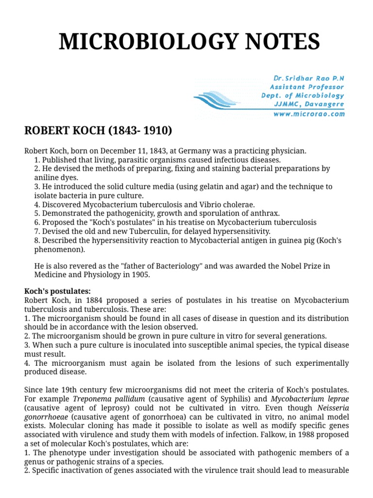 Robert Koch - Microbiology Notes of Sridhar Rao P.N | PDF ...