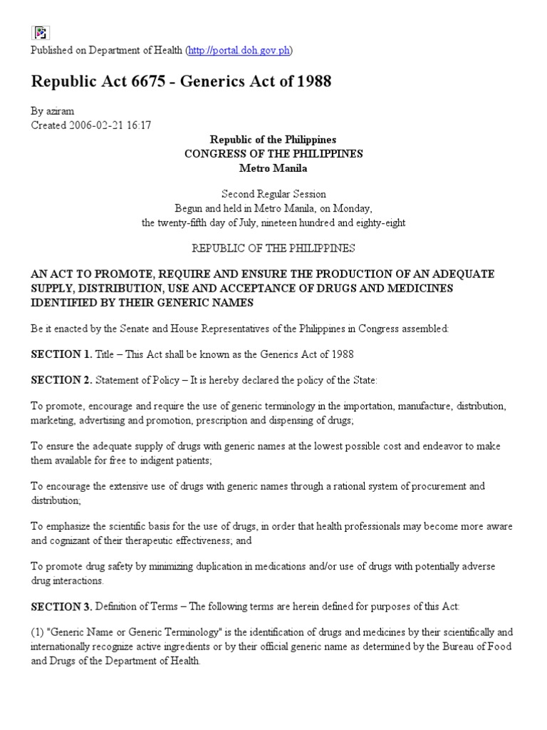 Republic Act 6675: Generics Act Overview | PDF | Pharmaceutical Drug ...