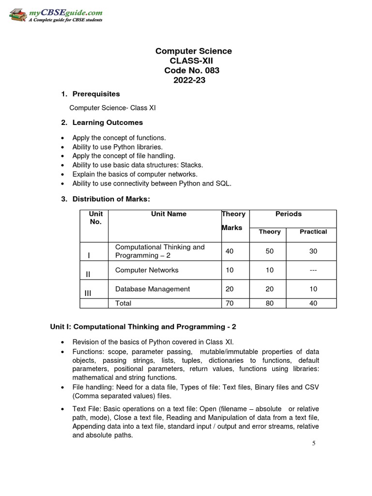 12 Syllabus 2023 Computer Science | PDF | Computer Network | Sql