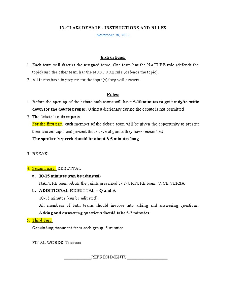Inclass Debate Instructions and Rules | PDF | Fluency | Speech