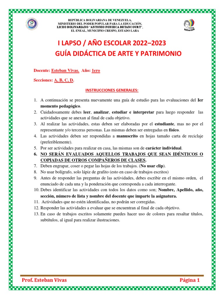 Arte y Patrimonio 1er Año PROF ESTEBAN | PDF | Venezuela