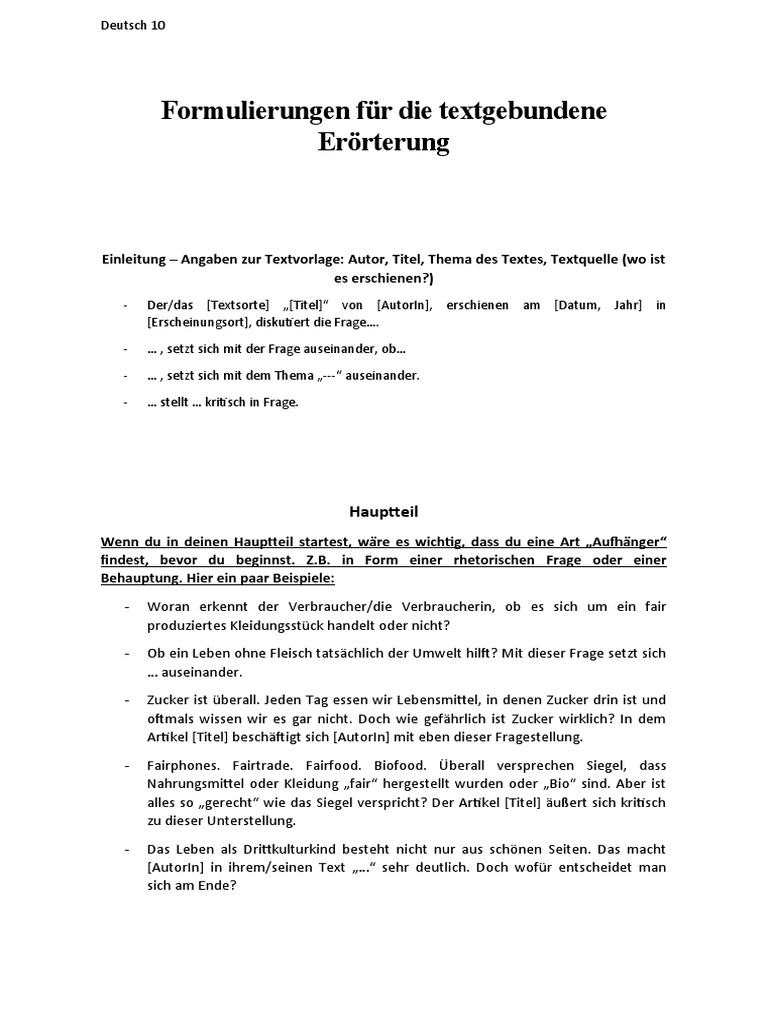 Formulierungen Für Die Textgebundene Erörterung | PDF