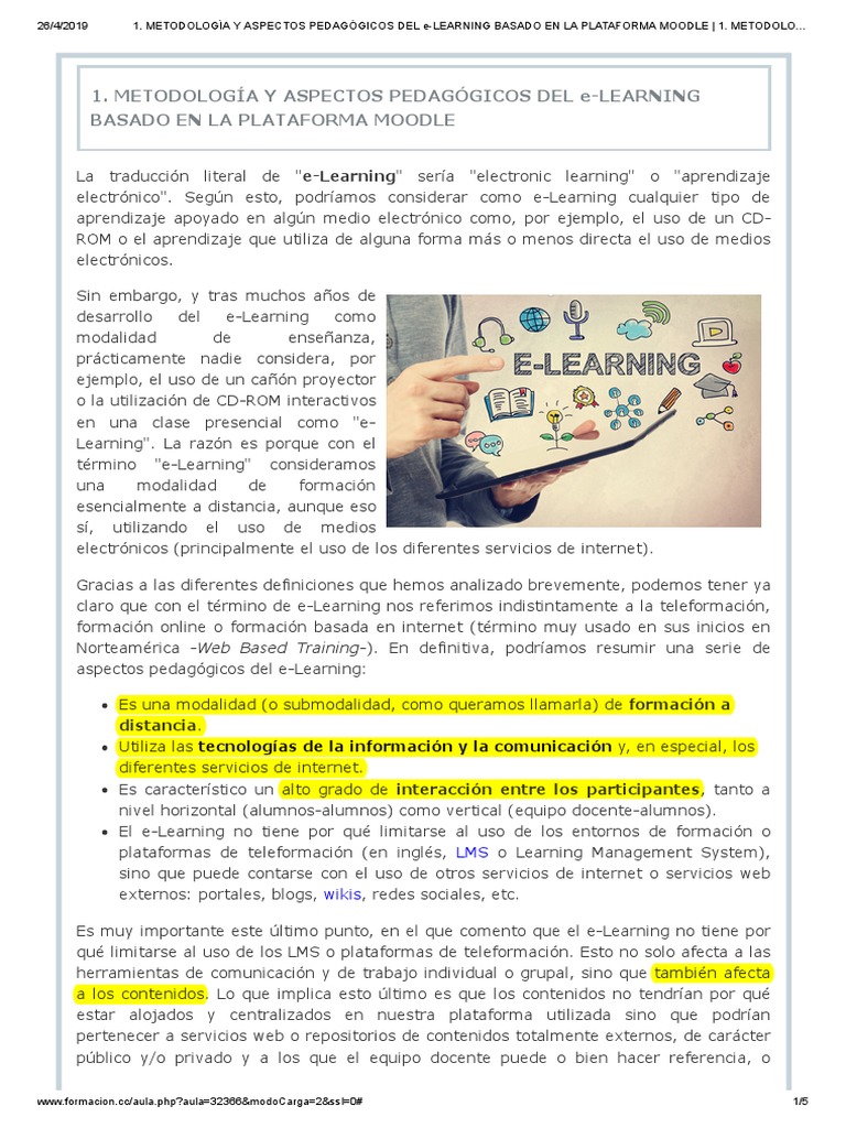 Metodologia y Aspectos Pedagógicos Del E-Learning en La Plataforma Moodle. | PDF | Moodle ...