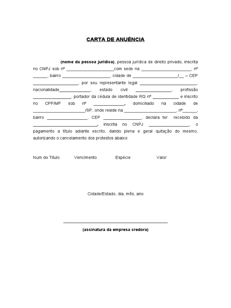 Modelo Carta de Anuência Pessoa Jurídica | PDF