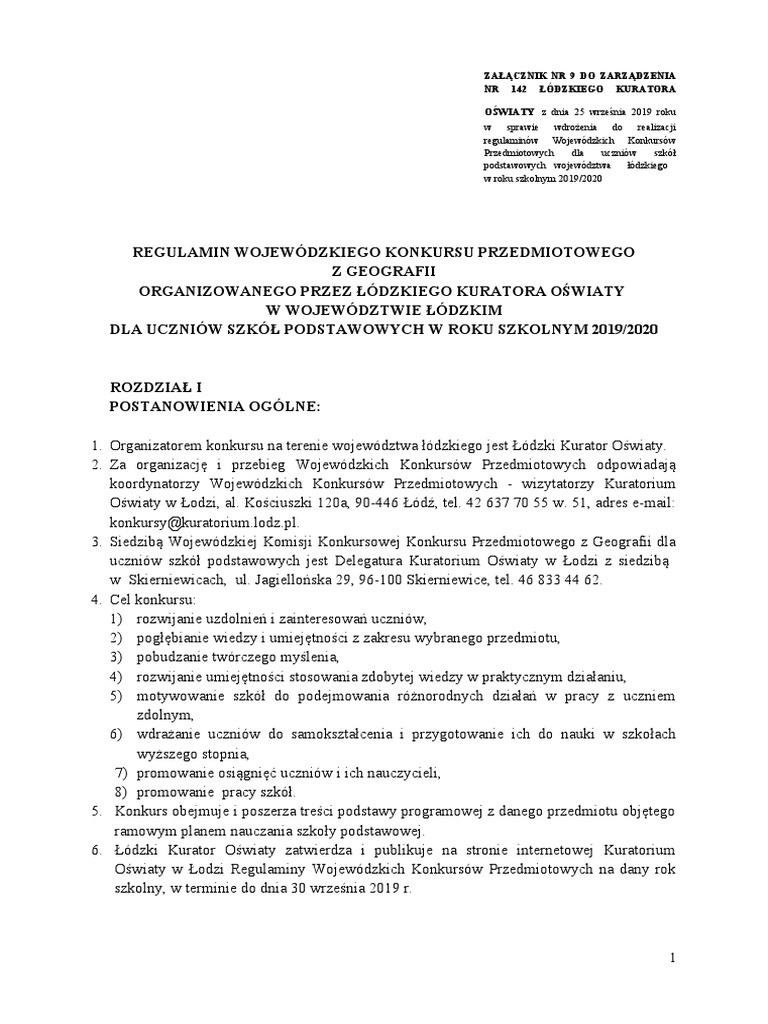Regulamin Wojewodzkich Konkursow Przedmiotowych Z Geografii | PDF