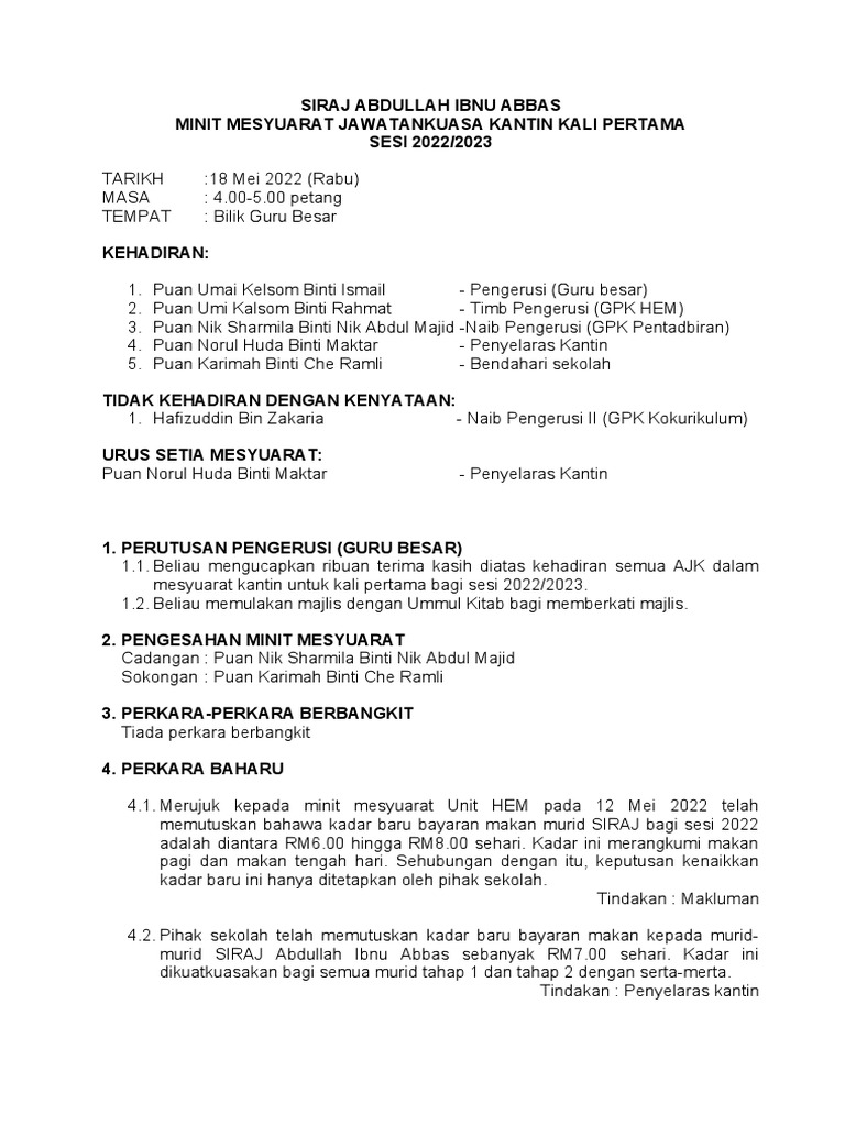 Minit Mesyuarat Kantin Kali-1 | PDF