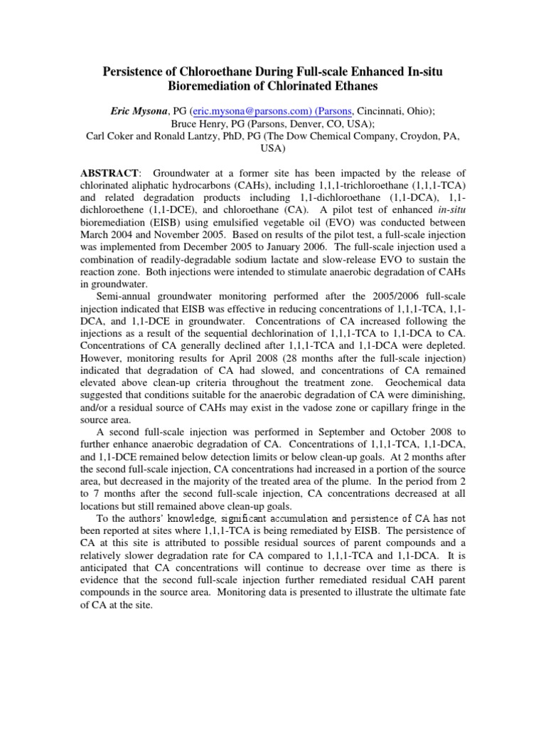 Persistence of Chloroethane During Full-Scale Enhanced In-Situ ...