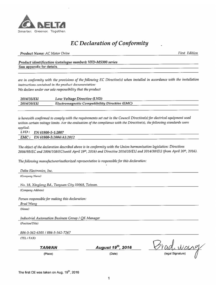 Delta MS300 Series VFD CE Certification | PDF