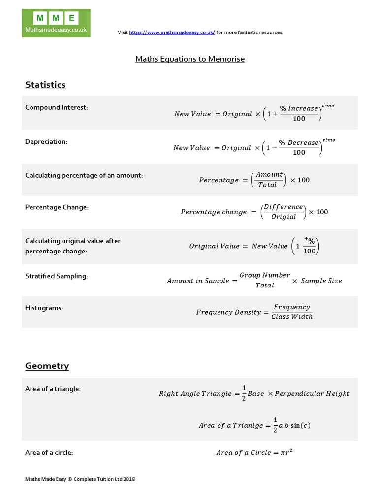 GCSE Maths Equations To Memorise | PDF | Area | Trigonometry