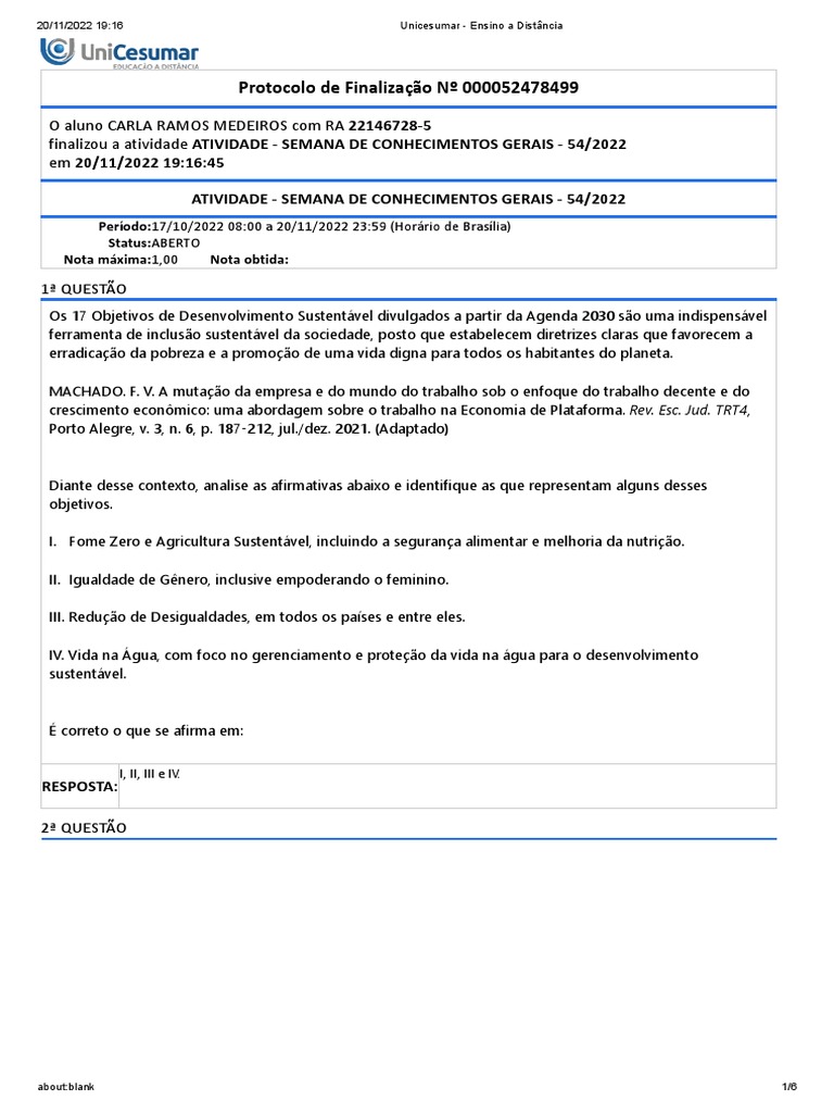 Atividade - Semana de Conhecimentos Gerais - 54.2022 | PDF