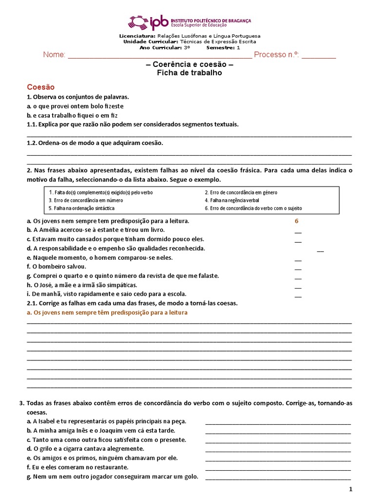 Coesão e coerência textual: exercícios de aplicação | PDF | Tempero ...