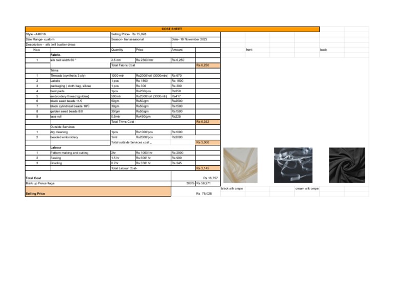 Cost Sheet 3a | PDF | Clothing | Textiles