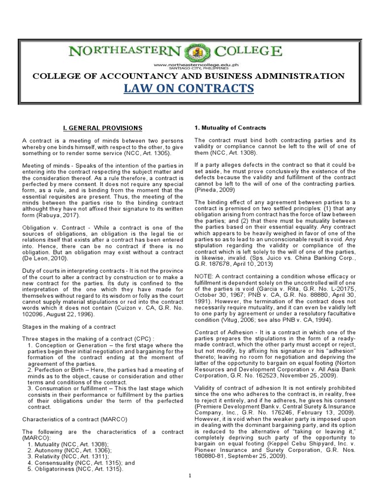 Law On Contracts - Chapters 1 To 4 | PDF | Offer And Acceptance | Insurance